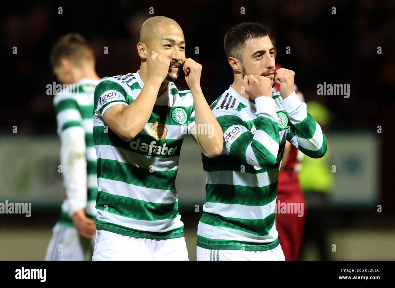 Celtic's Daizen Maeda (left) celebrates with Josip Juranovic after ...