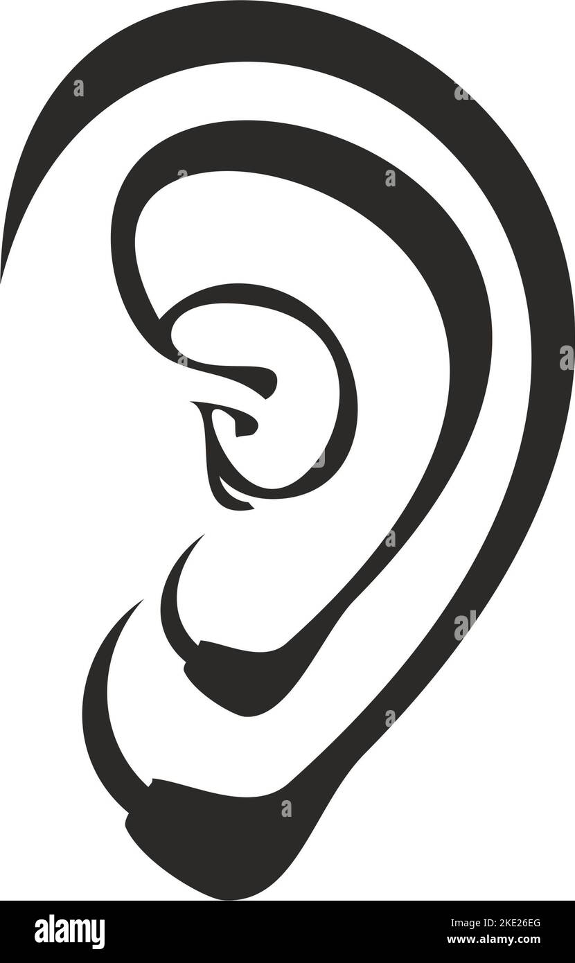Ear icon in black-white tones isolated on white. Sketch of human ear ...