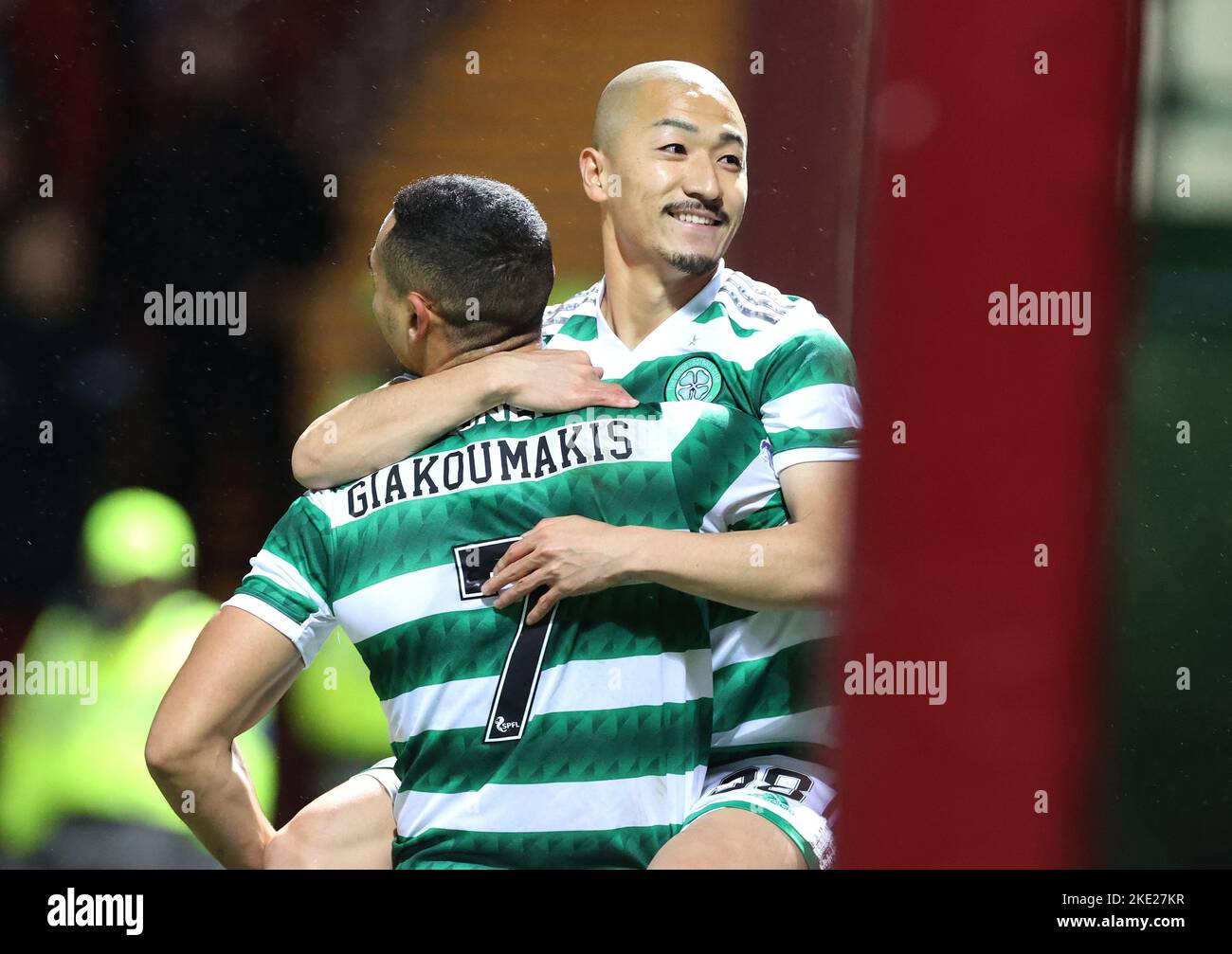 Celtic's Daizen Maeda (right) celebrates with Giorgos Giakoumakis after ...