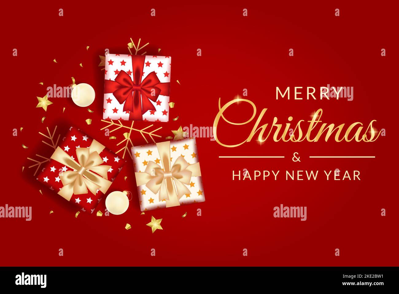 merry christmas and happy new year greeting card with realistic red ...