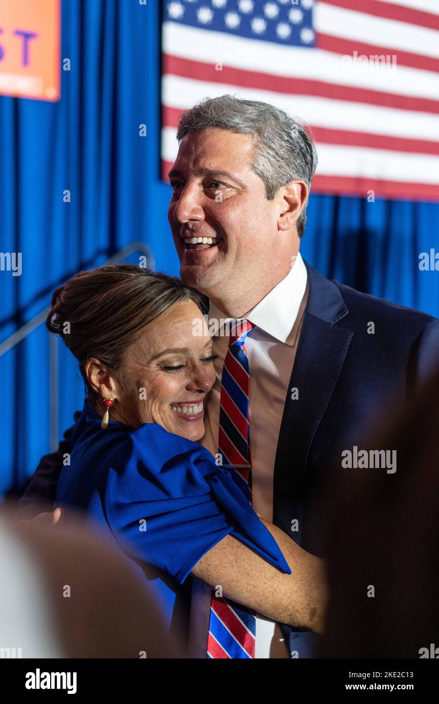 Dublin, Ohio, USA. 9th Nov, 2022. TIM RYAN (Democrat) embraces his wife ...