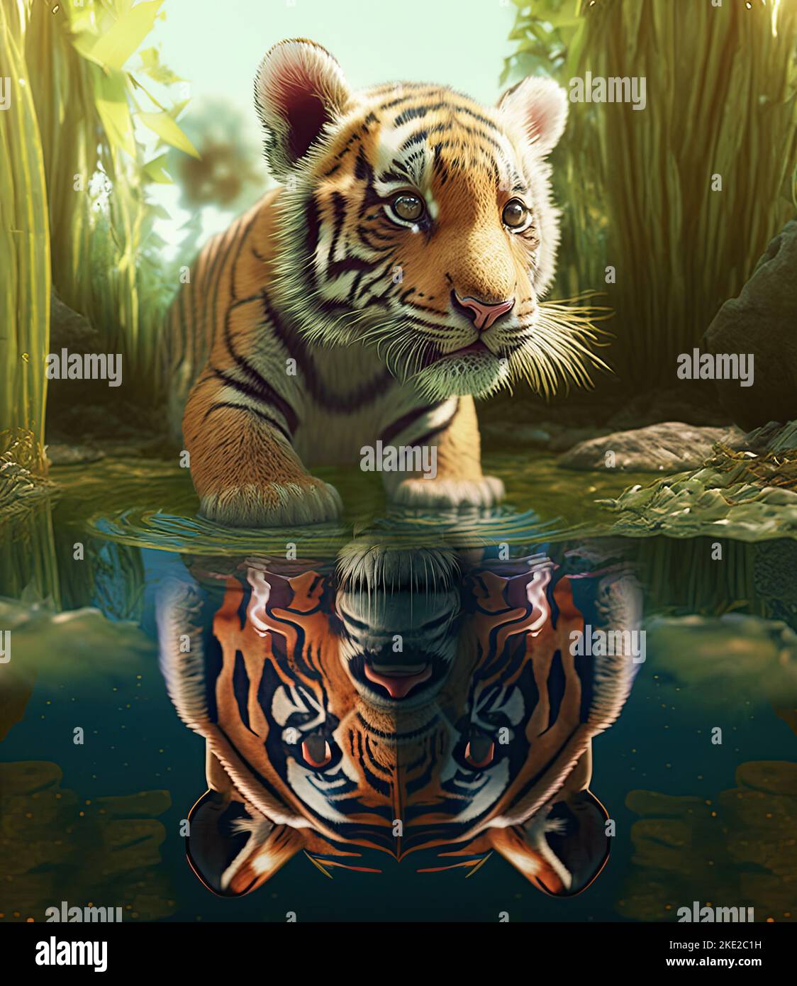 tiger cub reflected seeing a mirrored adult tiger in water. Seeing ...