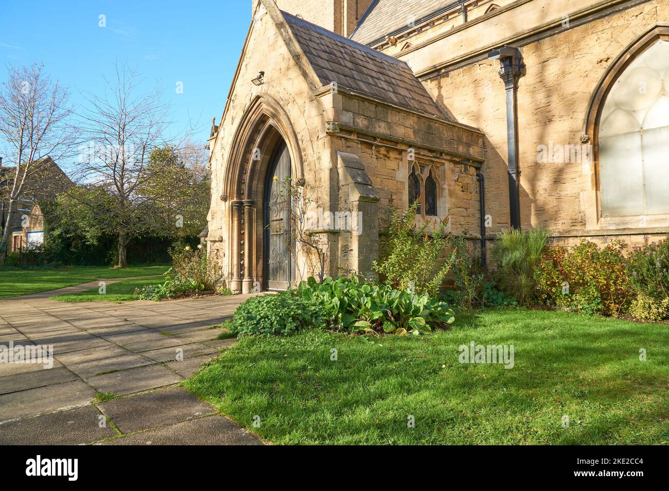 Main entrance to a typical church in Mansfield, Nottinghamshire, UK ...