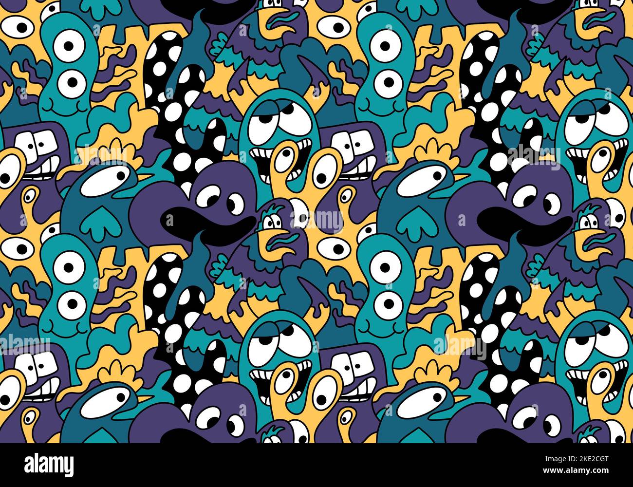 Cartoon doodle monsters seamless aliens and animals pattern for ...