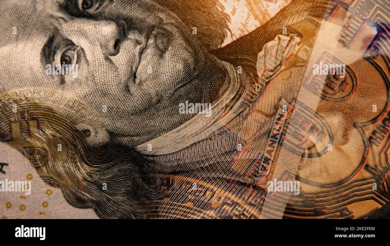 Bitcoin with dollar cash, virtual crypto currency bitcoin, btc. Concept ...