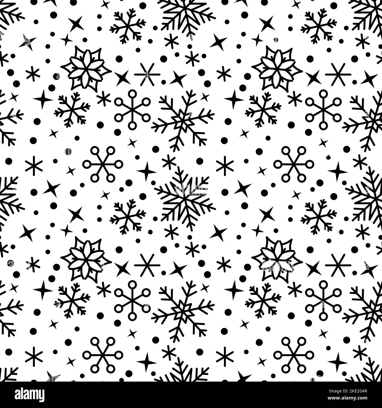 Snowflake black line seamless pattern. Winter ornate ice star ...