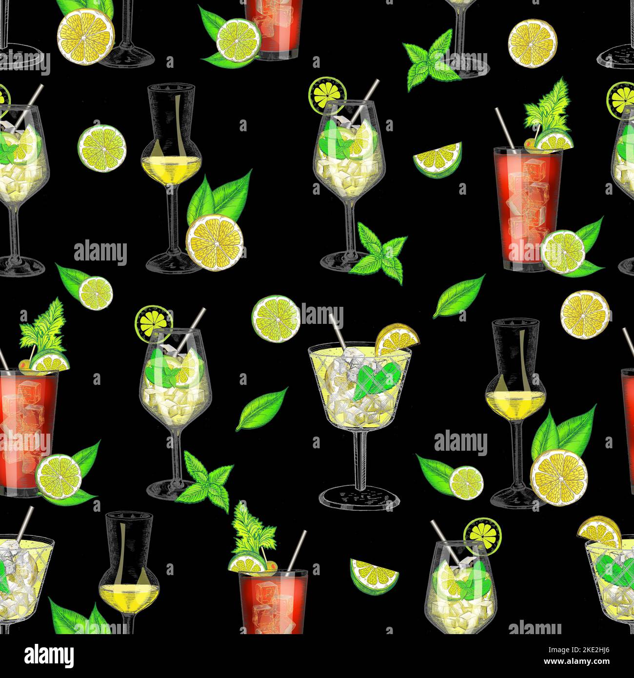 Pattern with cocktails. Repeating pattern with summer drinks. Hand ...