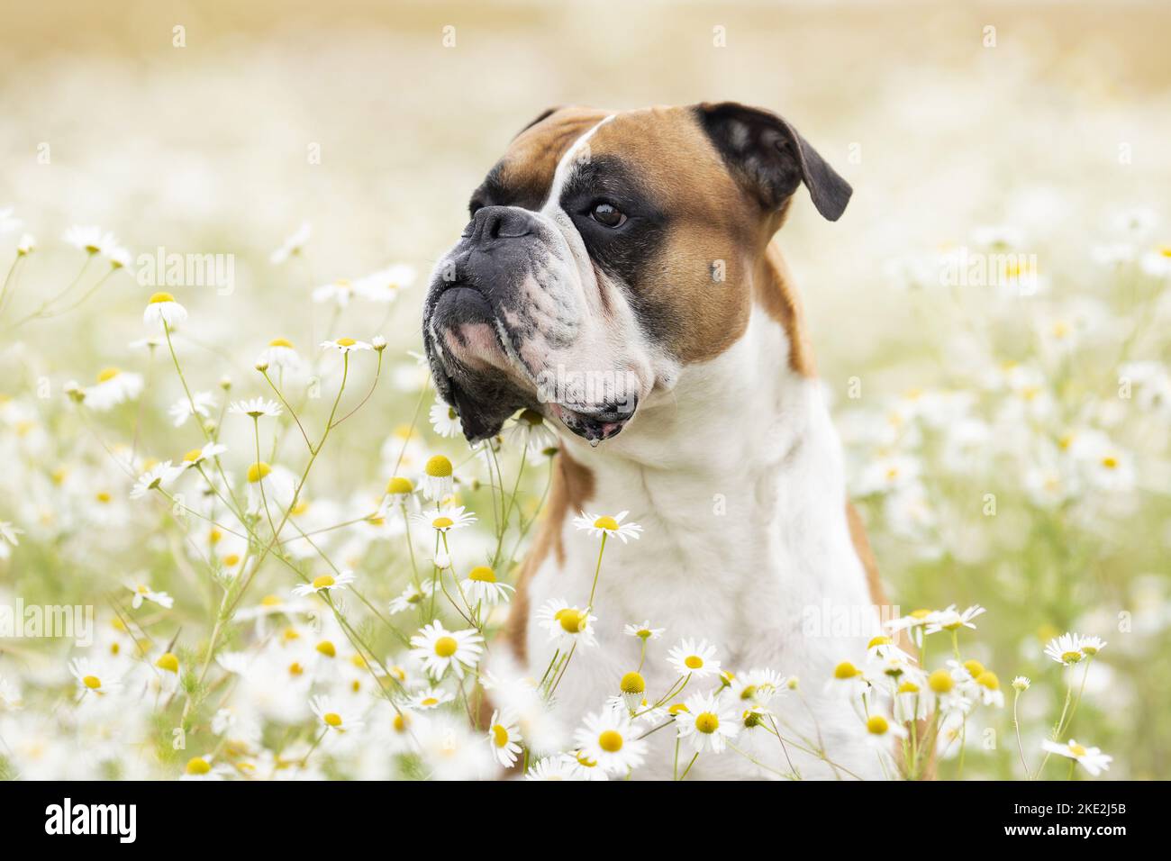 German boxer between chamomile flowers Stock Photo - Alamy