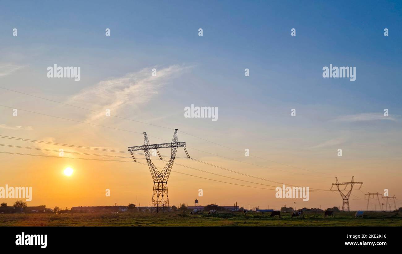 High voltage electric poles, rural landscape with power pylons in a row ...