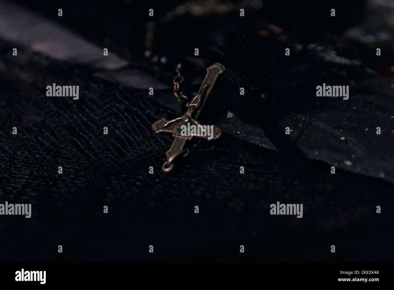 Witchcraft composition with candles, magic book and pentagram symbol ...