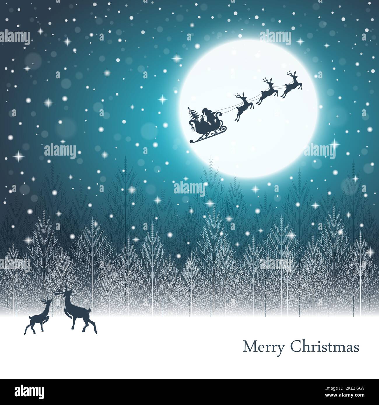 Santa Claus and gifts in sleigh with reindeer pulling the sleigh on rural background. Vector ...