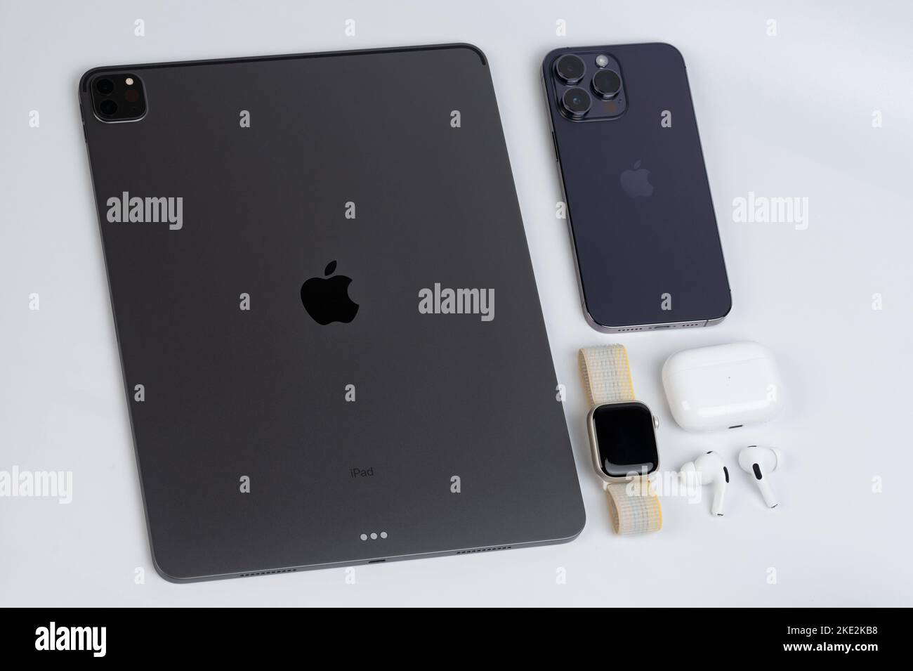 New york, USA - November 8, 2022: Portable Apple gadgets layout ipad ...