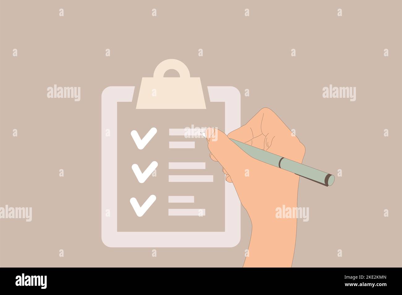 Hand holding a pen and writing on the clip board with check marks and ...