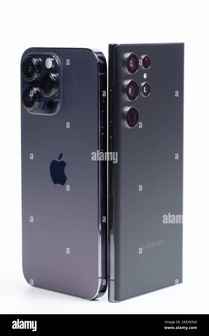 New york, USA - November 8, 2022: Back to back Apple iphone 14 pro max ...