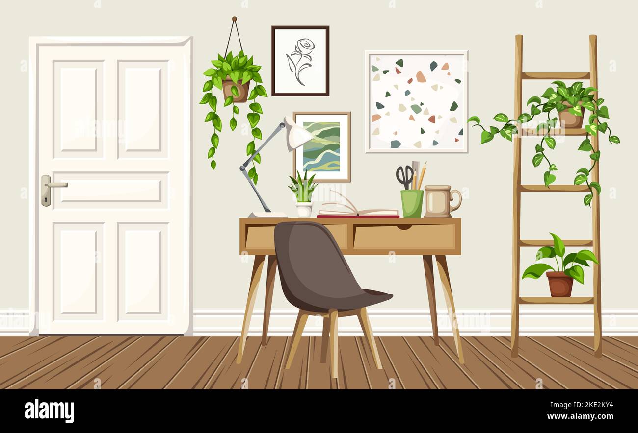 Scandinavian room interior design with a desk, a ladder, and ...