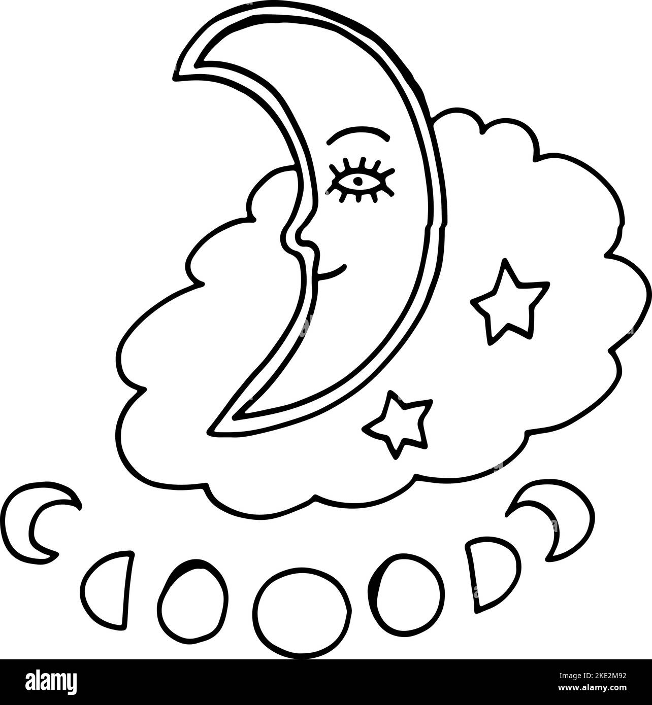 Moon with stars, cloud and phases. Alchemy doodle art. Witchcraft black ...