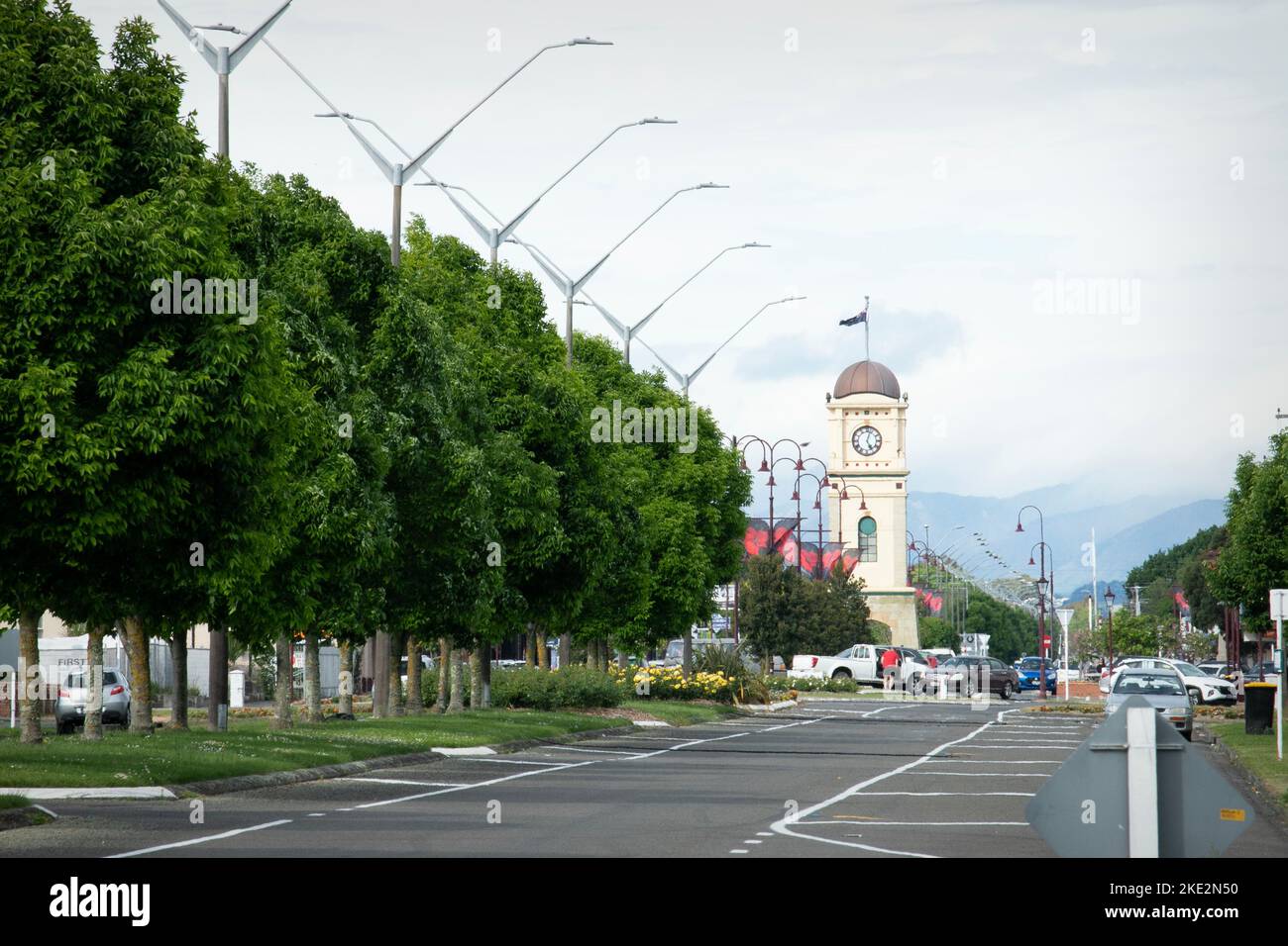View of the clocktower in Feilding, looking north down Kimbolton Road ...
