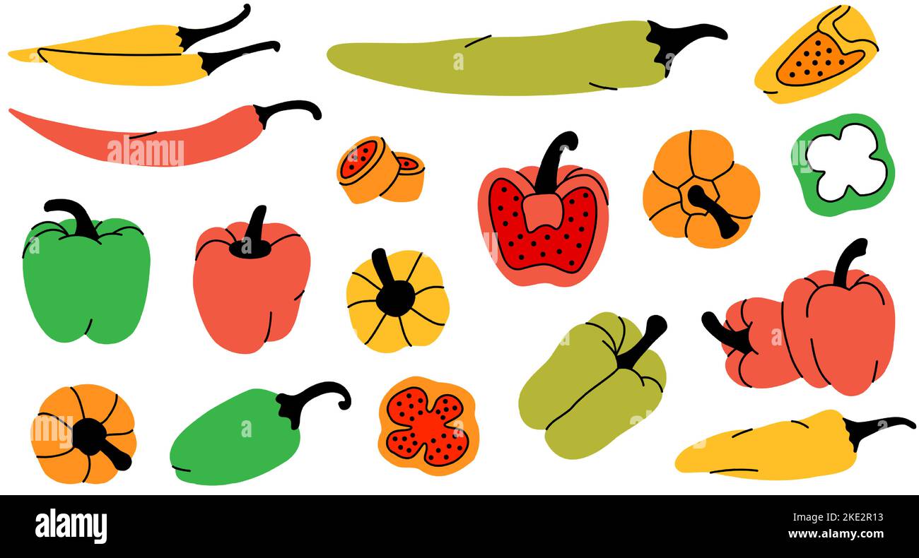 Set Of Pepper Sketch Red Hot Chili Peppers And Bell Peppers Sketch