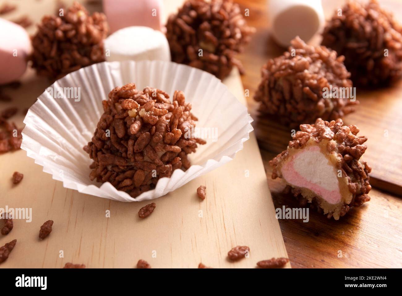 Homemade Caramel Marshmallows covered in chocolate flavor puffed rice ...