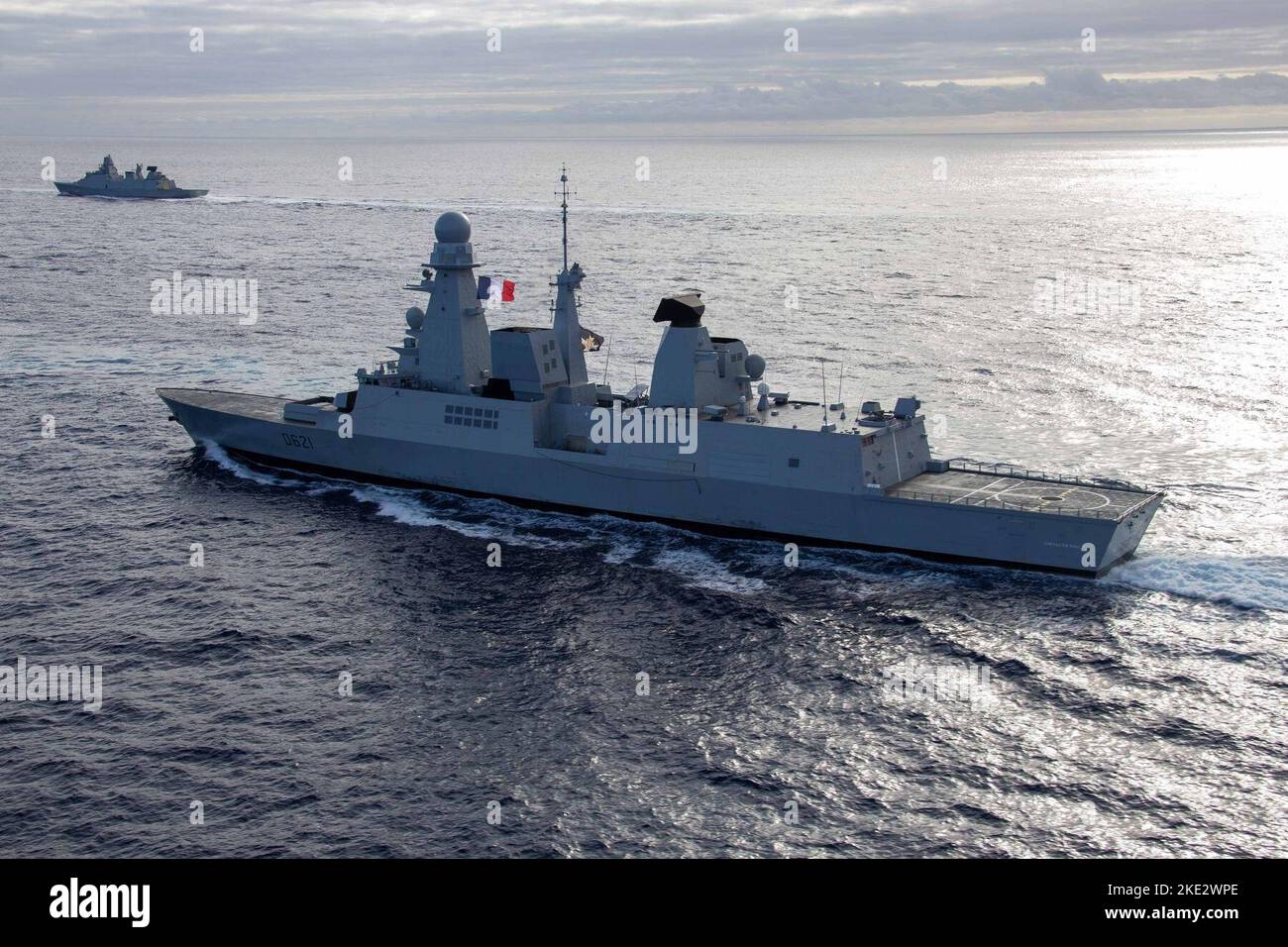 The French frigate FS Chevalier Paul (D 621) steams in the Atlantic Ocean in formation with the ...