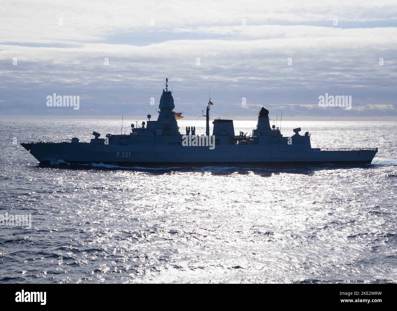 The German Frigate FGS Hessen (F 221) steams in the Atlantic Ocean with ...
