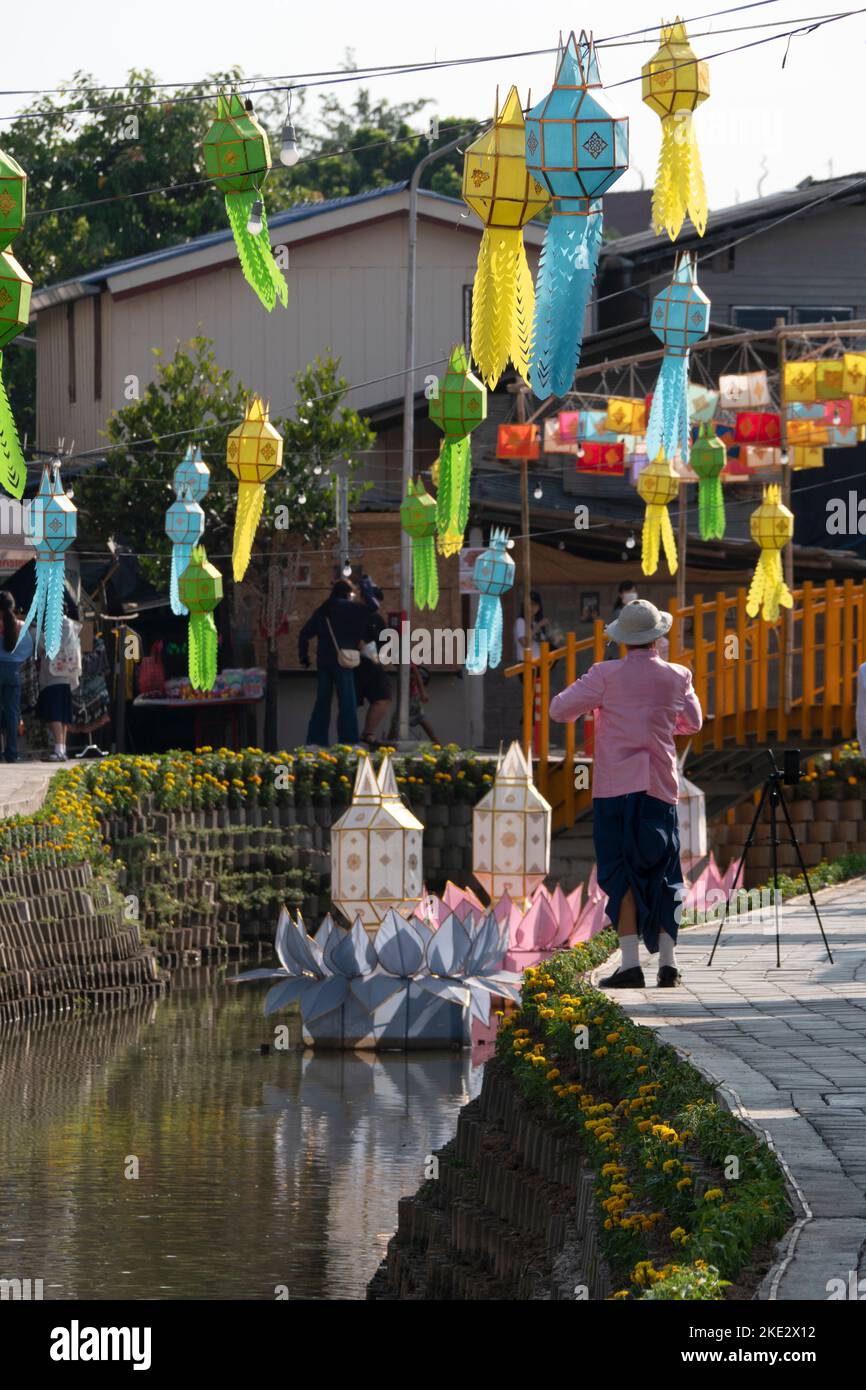 Klong Mae Kha Beautifully decorated on both sides for the Yi Peng or ...