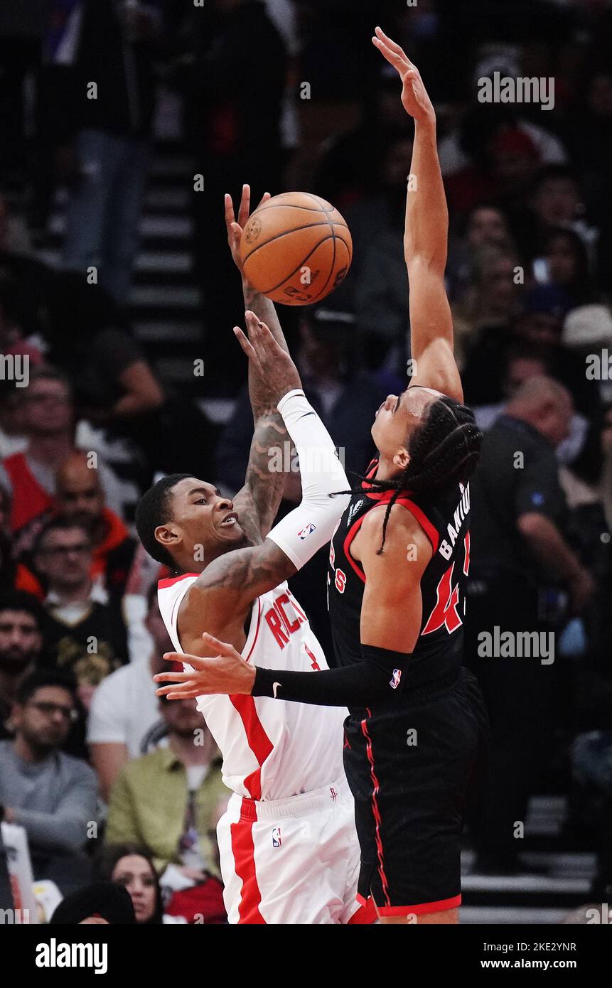 Toronto Raptors guard Dalano Banton (45) blocks a shot from Houston ...