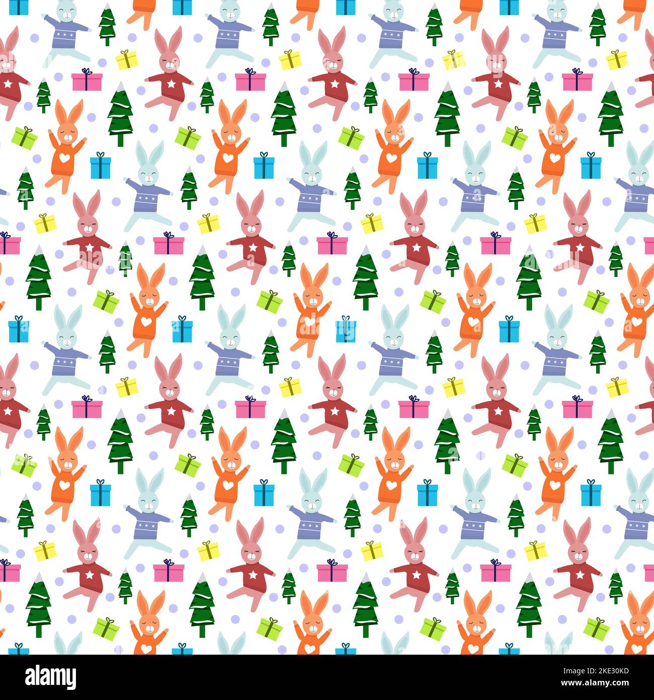 Multi-colored rabbits, gifts and Christmas tree. Vector. Symbol of the ...