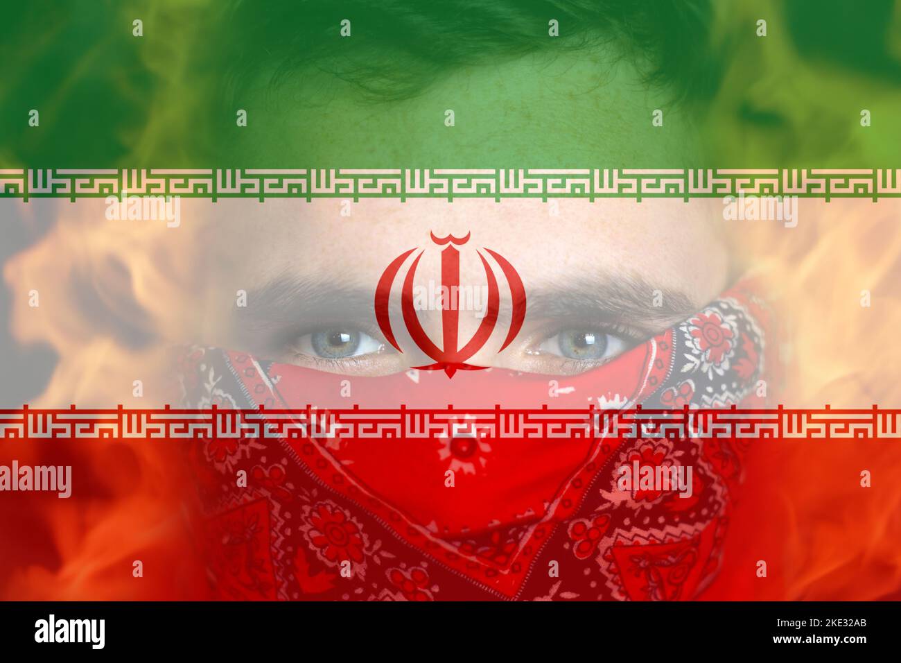 Defocus protest in Iran. Face young man in bandana. Conflict war over ...