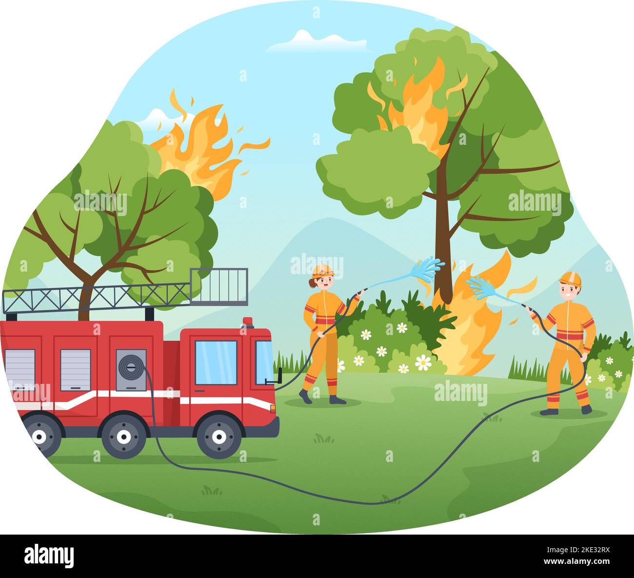 Fire Department with Firefighters Extinguishing House, Forest and ...