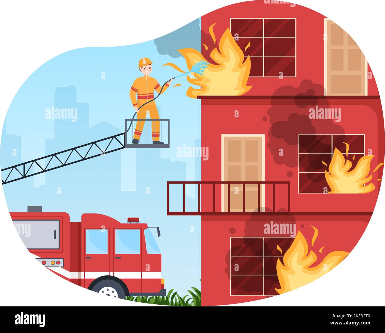 Fire Department with Firefighters Extinguishing House, Forest and ...
