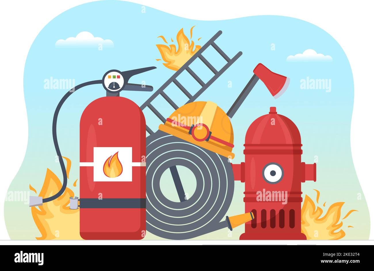 Fire Department with Firefighters Extinguishing House, Forest and ...