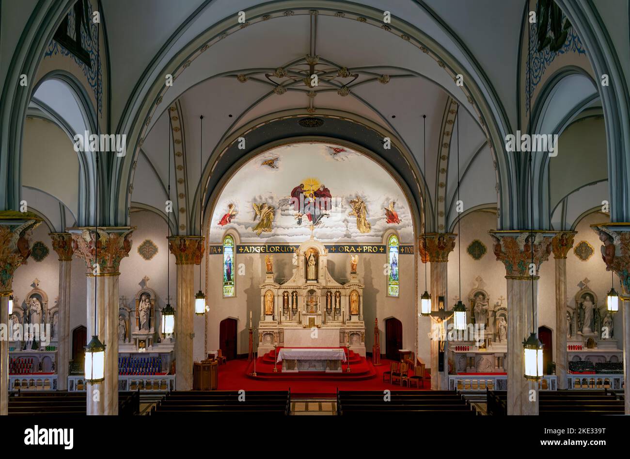 Overhead interior view of main altar in Holy Angels Roman Catholic ...