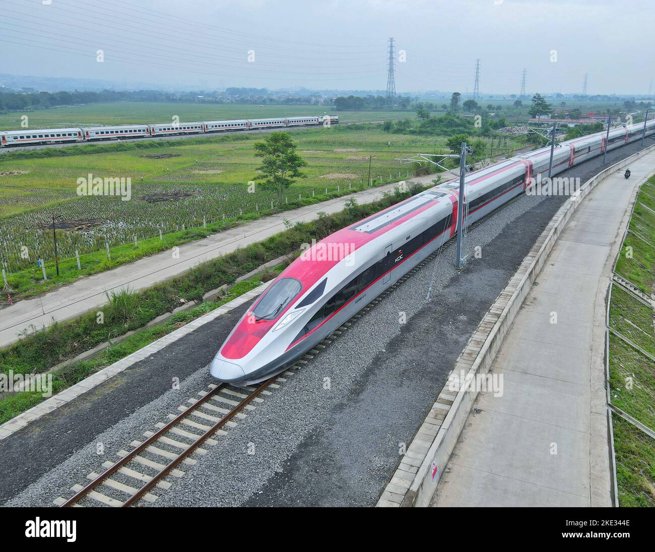 Bandung. 9th Nov, 2022. This aerial photo taken on Nov. 9, 2022 shows electric multiple units ...