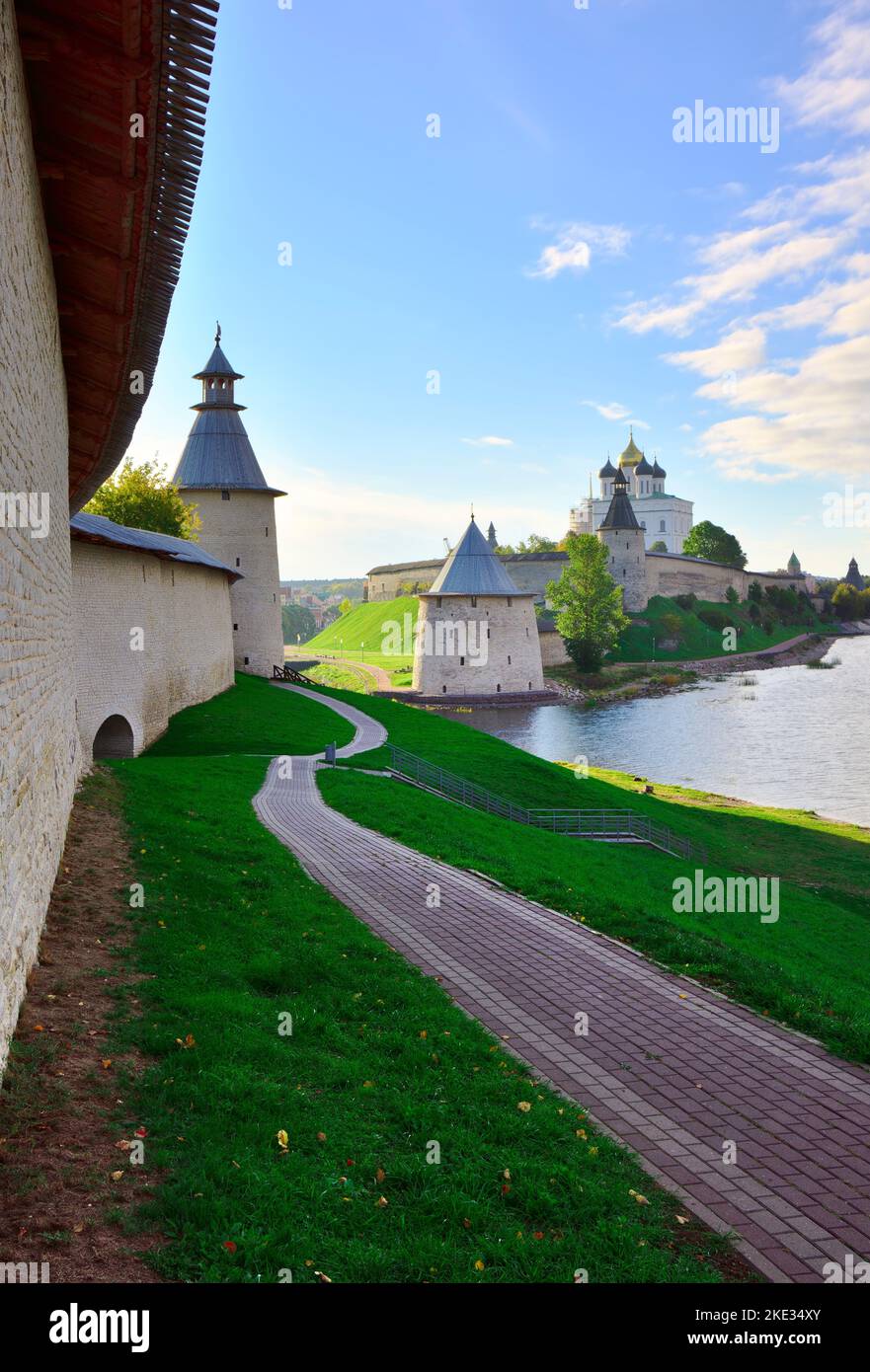 The Old Russian Pskov Kremlin. Fortress walls at the 16th century High ...
