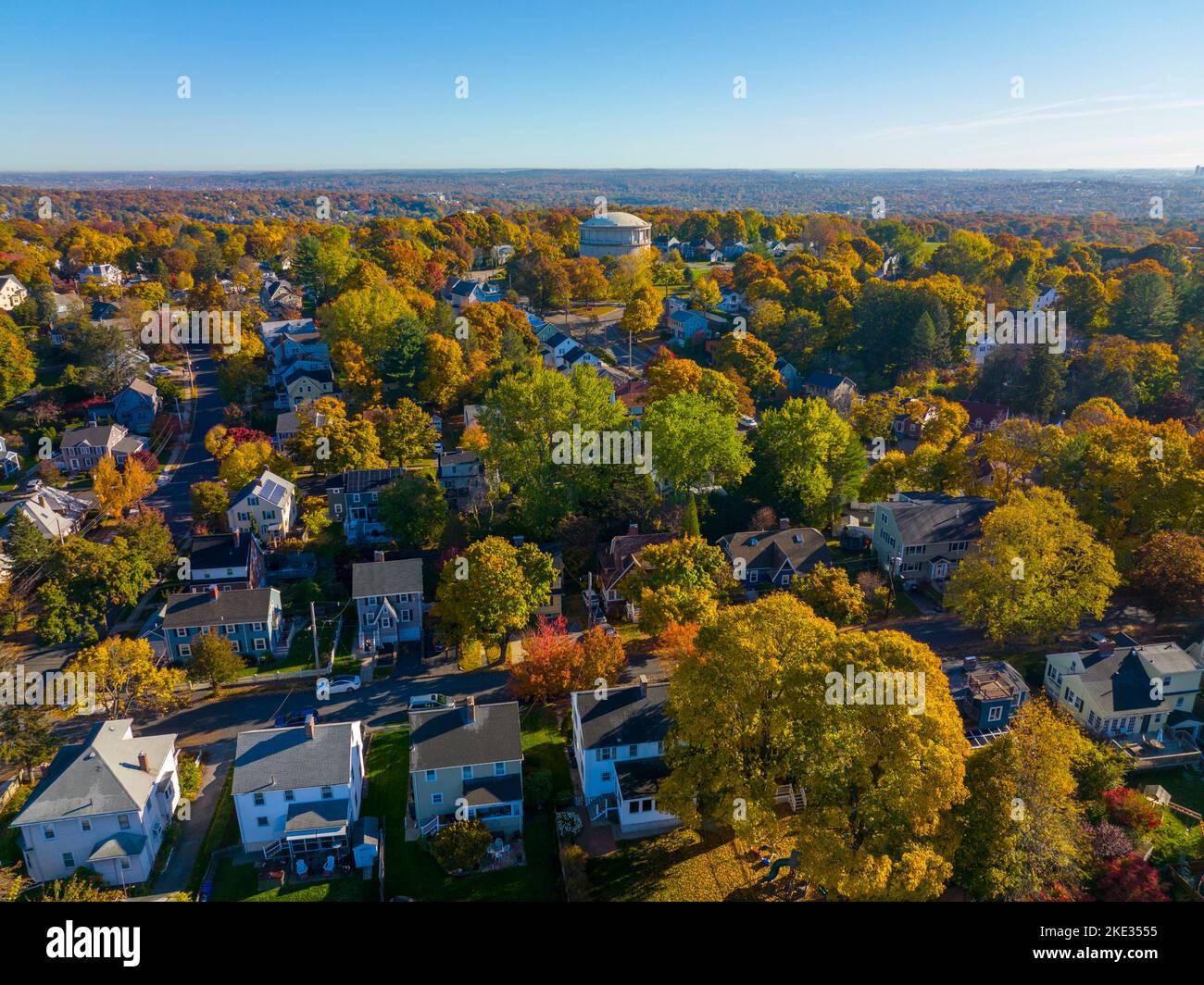 Arlington Reservoir aerial view in fall on Park Circle in town of ...