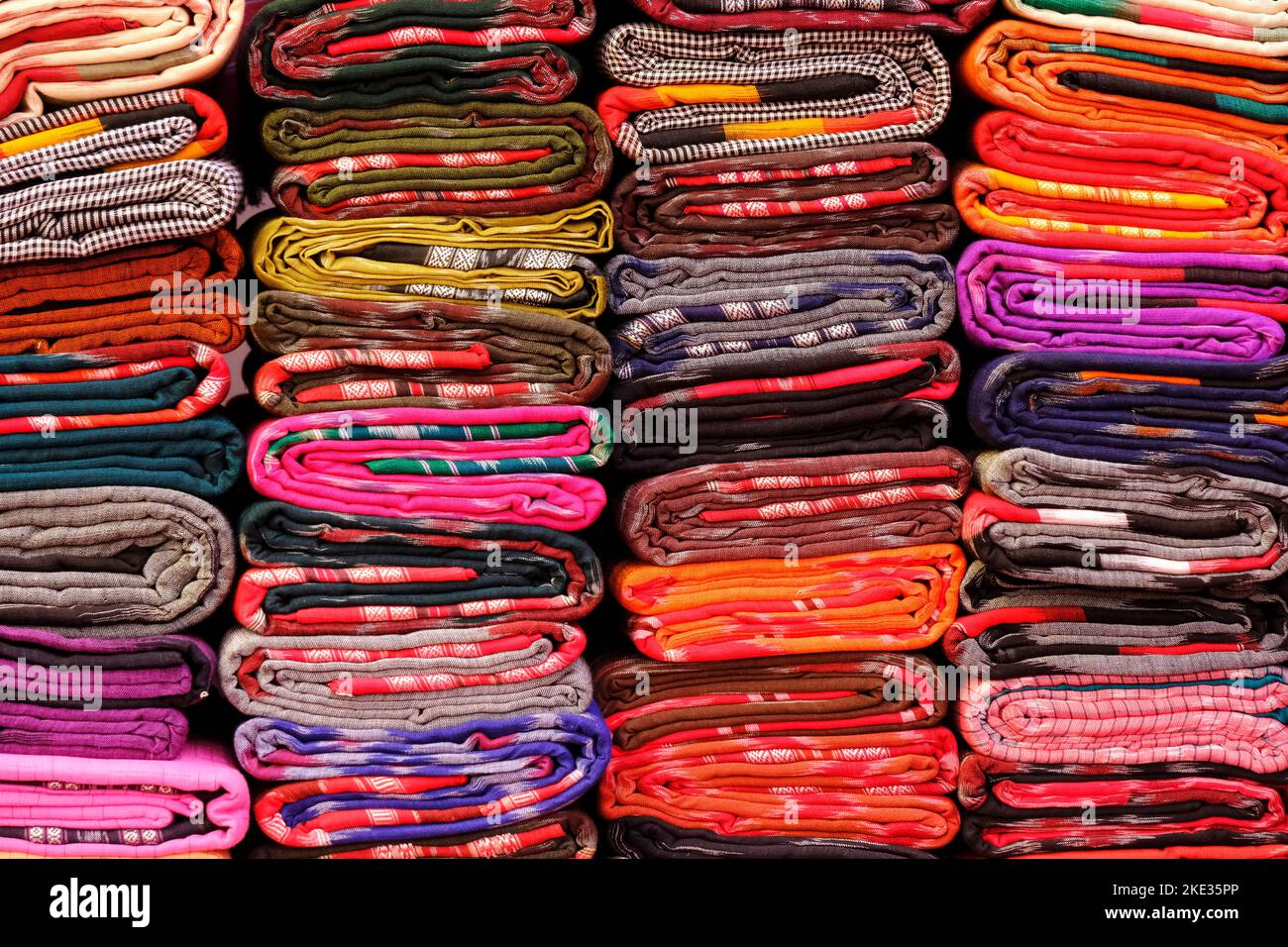 Pallet of vivid and colorful Indian fabric, India textile Stock Photo ...