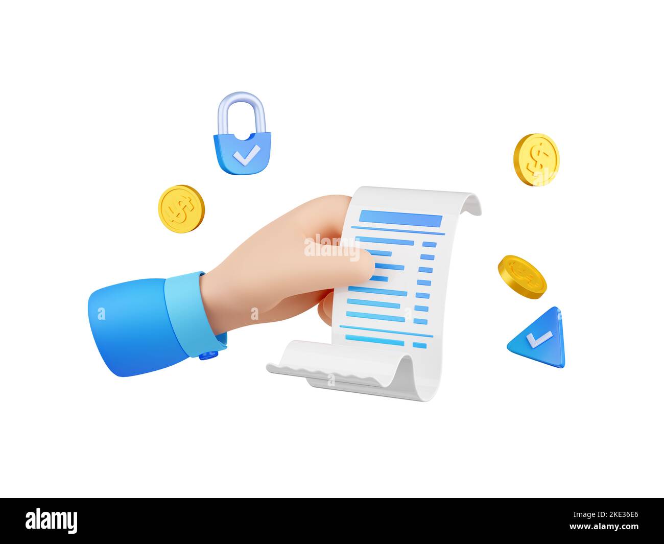 3D illustration of hand with safe payment confirmation bill, dollar ...