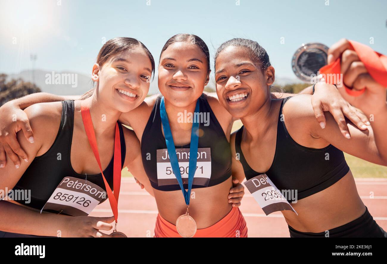 Fitness, woman and friends with smile for medal, winning or victory in ...