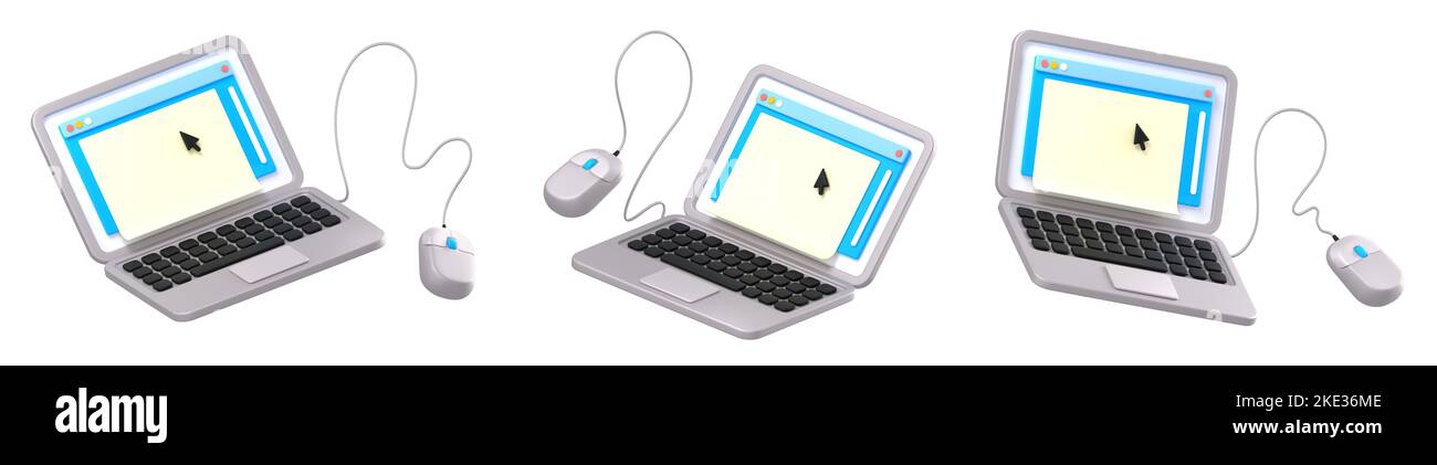 3d render open laptop fly in air, computer and mouse floating in ...