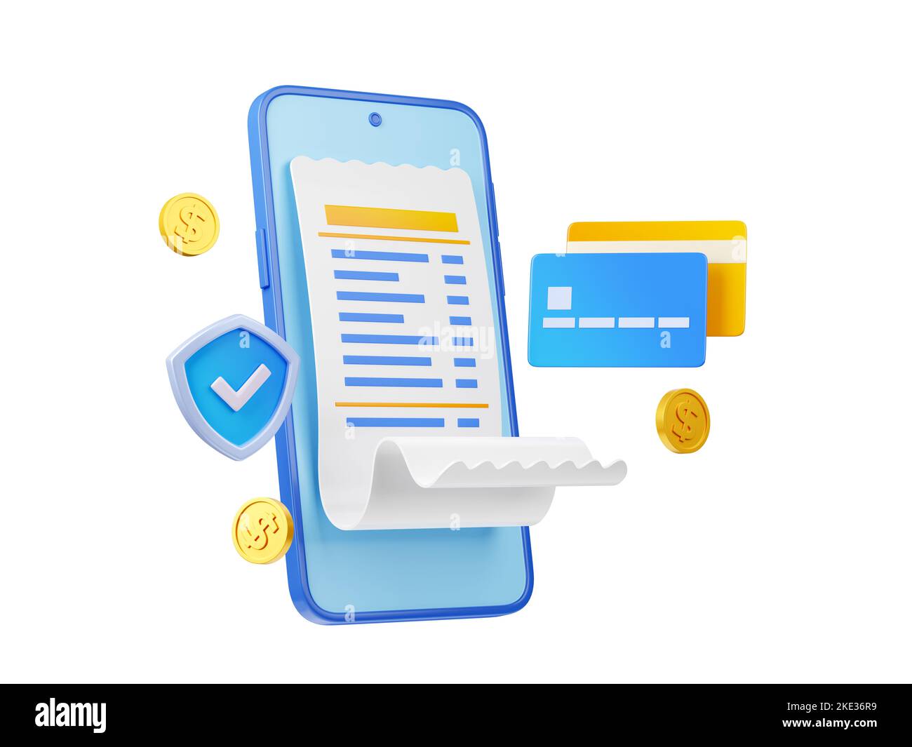 Online payment security concept with mobile phone, bank cards, bill ...