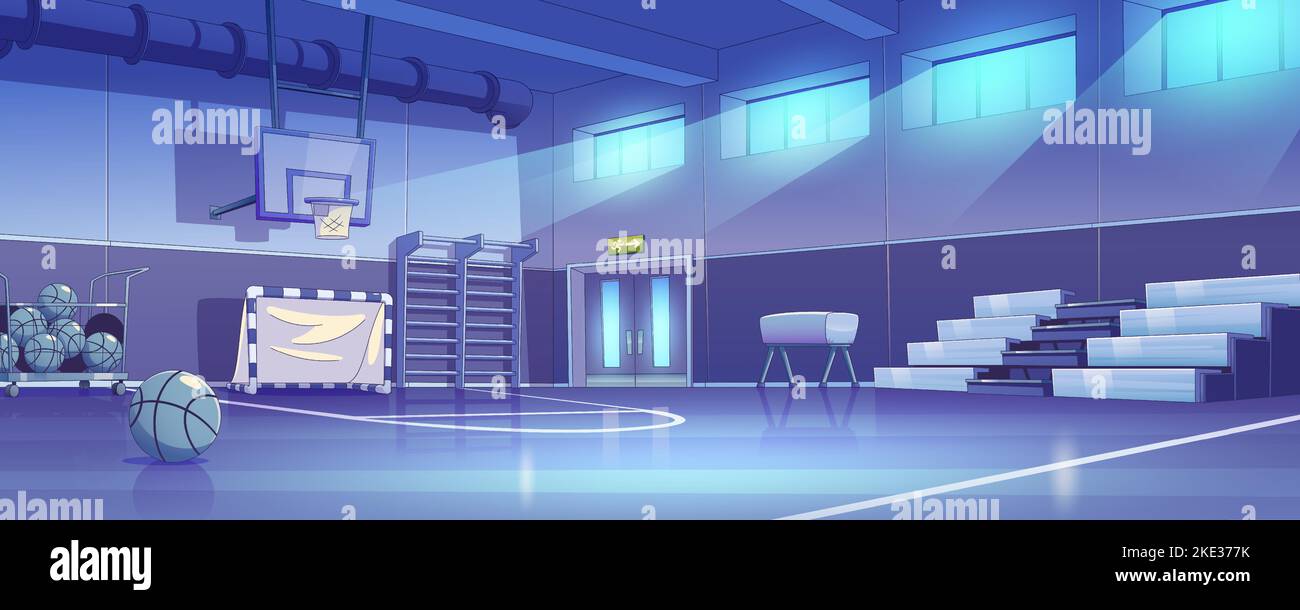 School gymnasium, sport gym interior with soccer gate, basketball balls ...