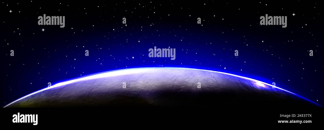 Earth or another planet edge in sunrise light on background of black ...