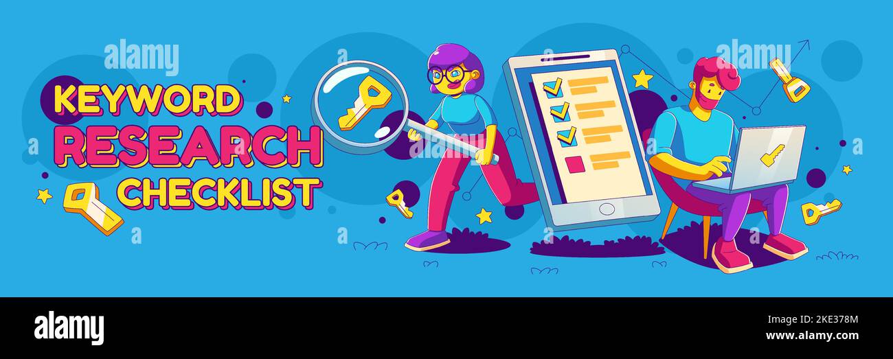 Keyword research checklist. Contemporary characters with magnifier and ...