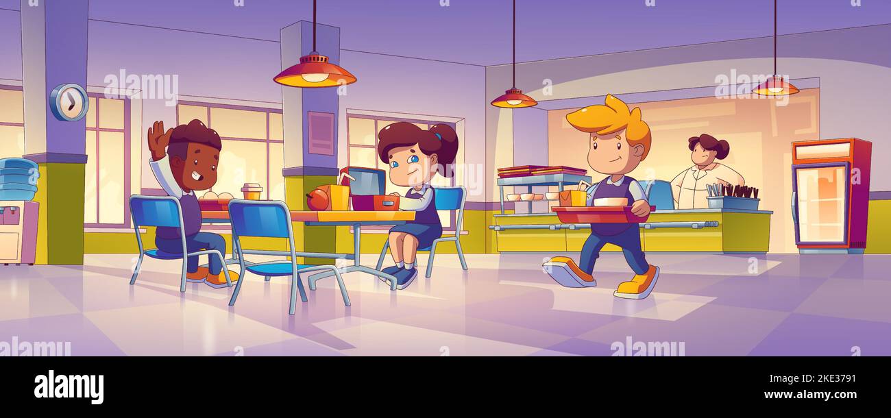Children eat in school canteen, cafeteria interior with kids carry food trays, tables, chairs ...