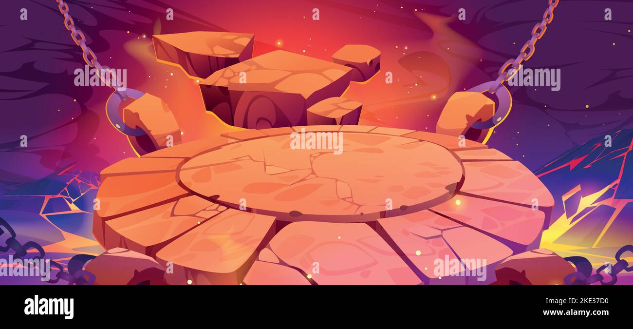 Battle Arena In Hell With Lava Round Rock Platform Hanging On Chains In Mysterious Landscape
