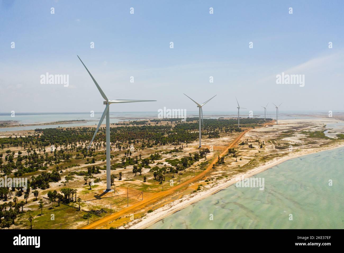 Aerial view of Group of windmills for renewable electric energy ...