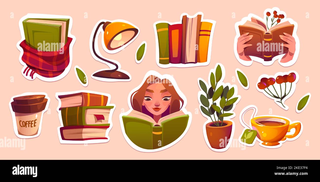 Love reading stickers pack, books pile, scarf, woman face and hands ...