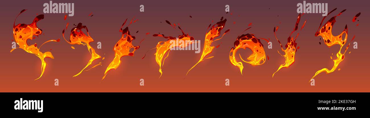 Liquid lava splashes with fire and drops. Molten magma waves and ...