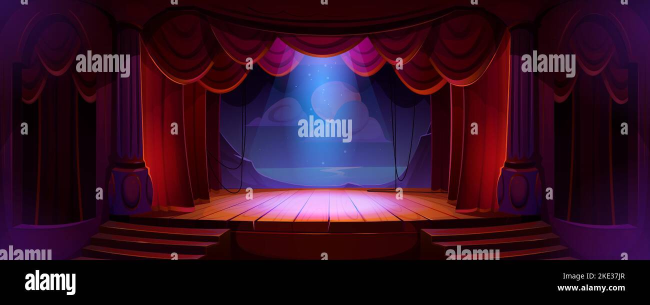 Theater stage with red curtains, spotlights and decor night ocean, moon ...
